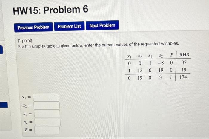 Solved (1 point) For the simplex tableau perform one pivot | Chegg.com