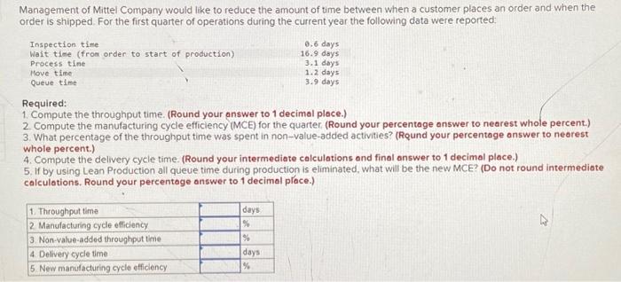 Solved Management of Mittel Company would like to reduce the | Chegg.com