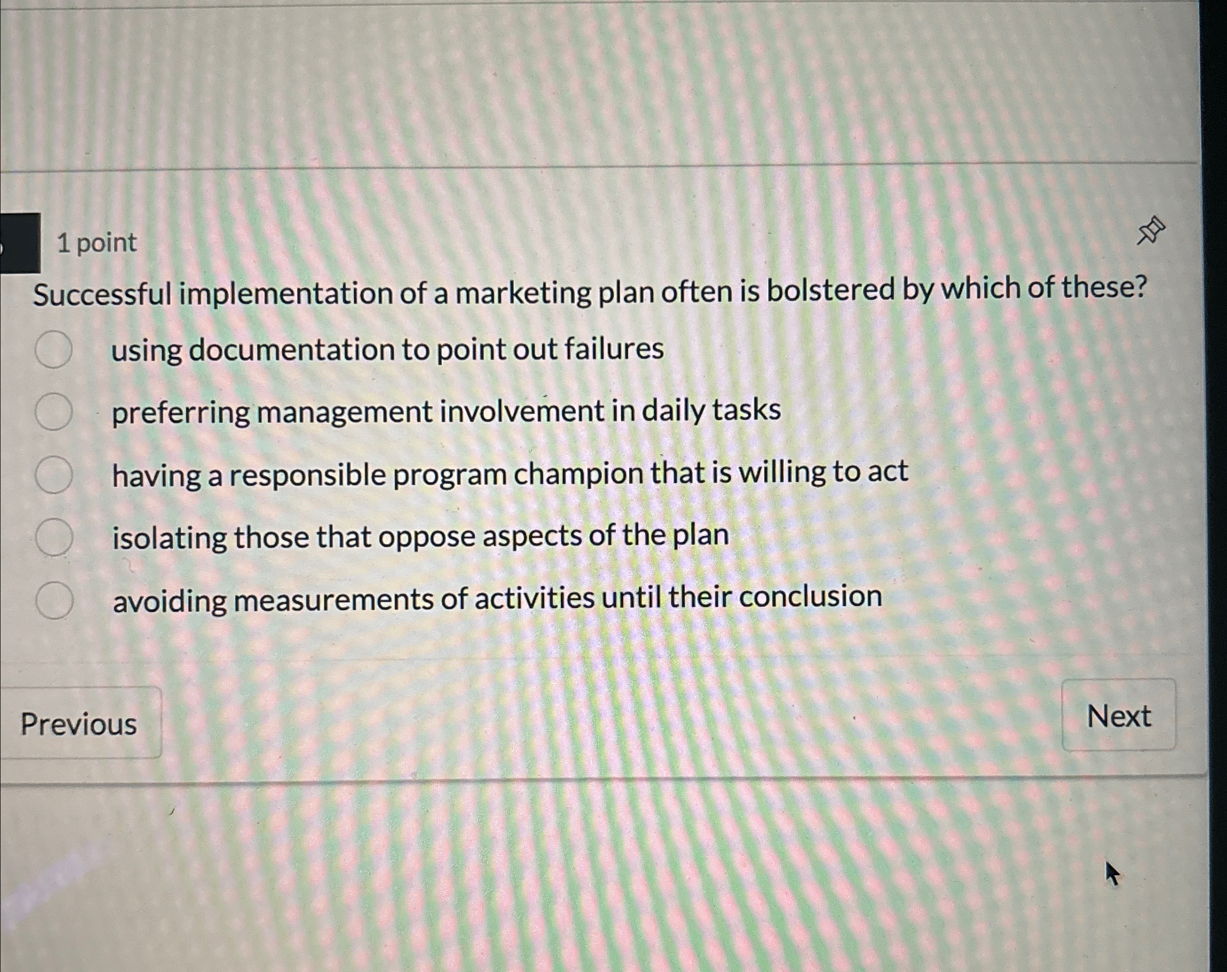 Solved 1 ﻿pointSuccessful implementation of a marketing plan | Chegg.com