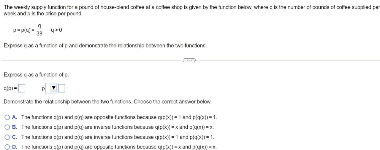 Solved The weekly supply function for a pound of house-blend | Chegg.com