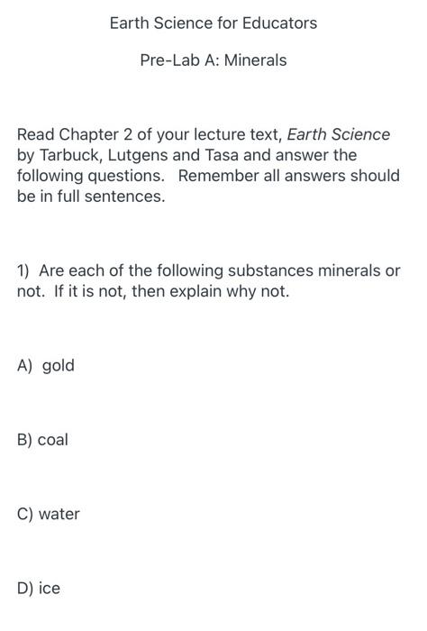 Solved Earth Science for Educators Pre-Lab A: Minerals Read | Chegg.com