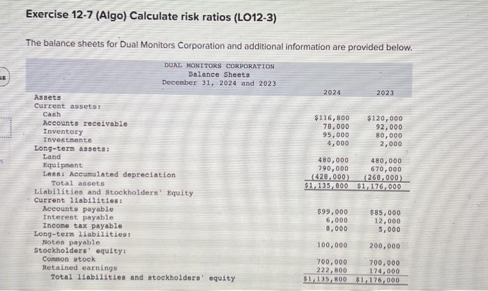 Solved Exercise 12-7 (Algo) Calculate risk ratios (LO12-3) | Chegg.com