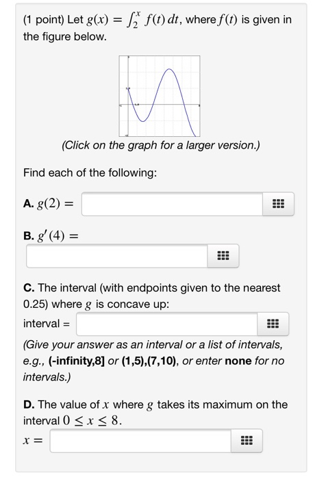 Solved (1 point) Let g(x) = f* f(t)dt, where f(t) is given | Chegg.com
