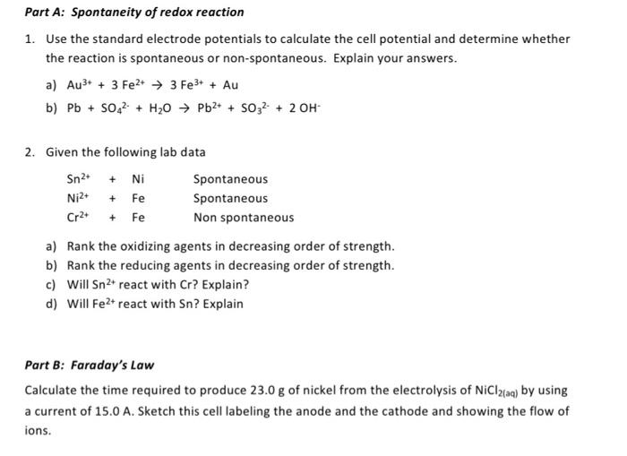 Solved Part A: Spontaneity of redox reaction 1. Use the | Chegg.com