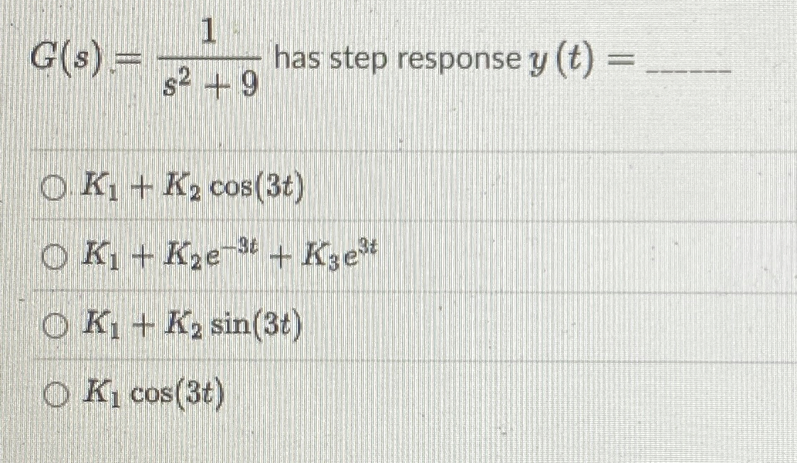Solved G(s)=1s2+9 ﻿has step response | Chegg.com