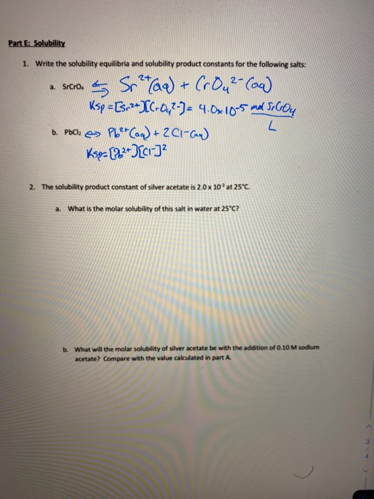 Solved Part E: Solubility 1. Write the solubility equilibria | Chegg.com