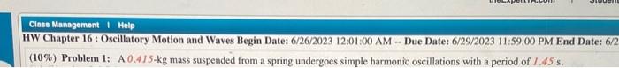 Solved HW Chapter 16 : Oscillatory Motion and Waves Begin | Chegg.com