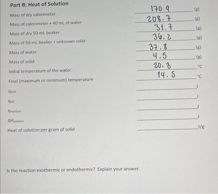 Solved Part B: Heat of Solution Mass of dry calorimeter Mass | Chegg.com