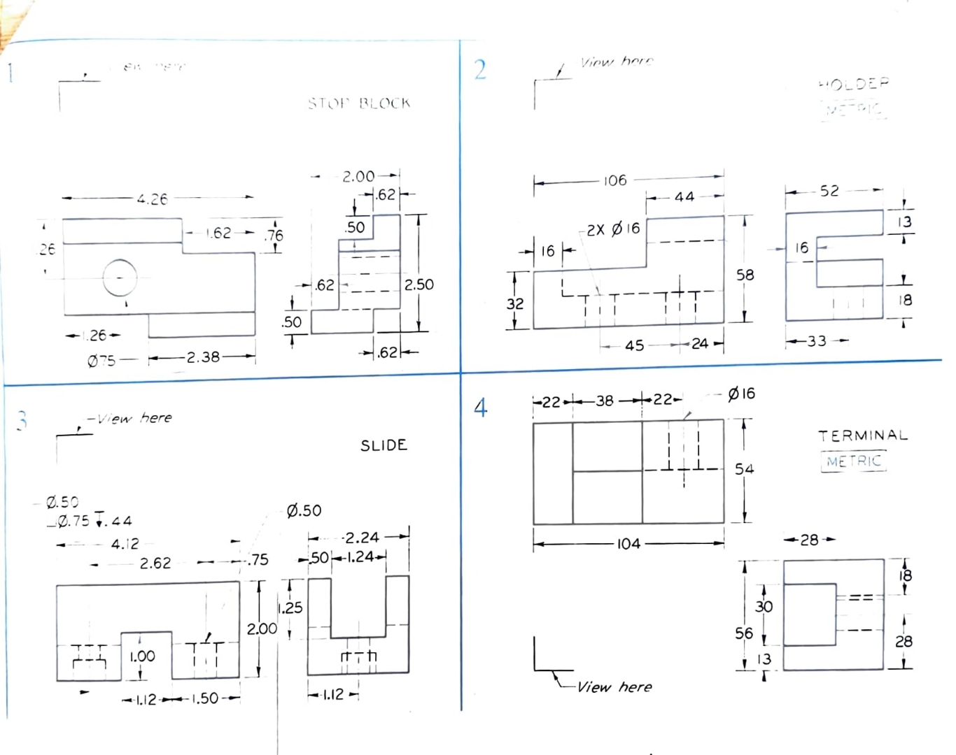 Draw the 4 ﻿missing views in autocad. Include the | Chegg.com