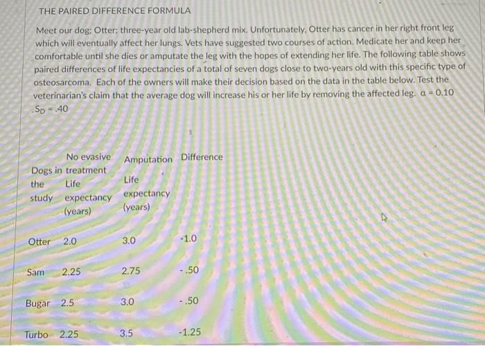Solved THE PAIRED DIFFERENCE FORMULA Meet our dog: Otter; | Chegg.com