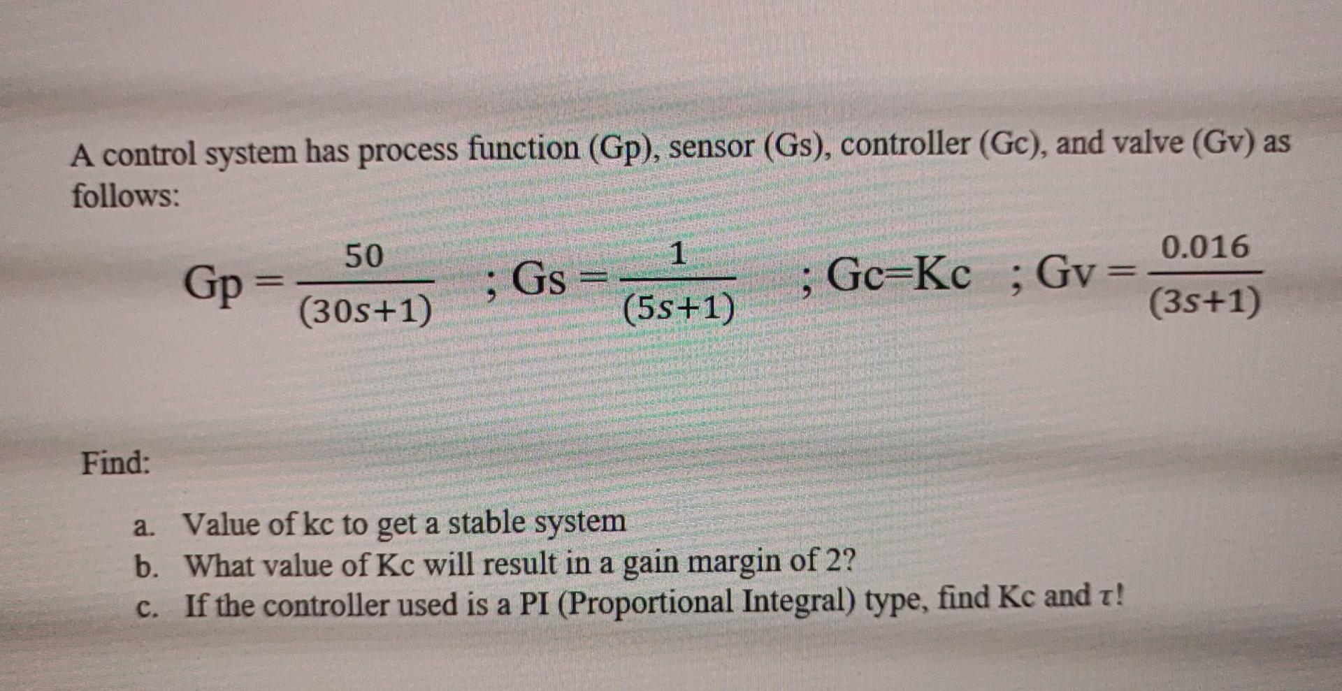 Solved A control system has process function (Gp), sensor | Chegg.com