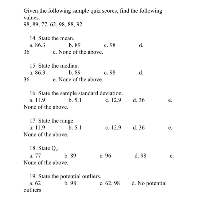 Solved Given the following sample quiz scores, find the | Chegg.com