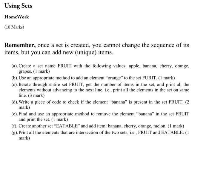 Solved Using Sets HomeWork (10 Marks) Remember, once a set | Chegg.com
