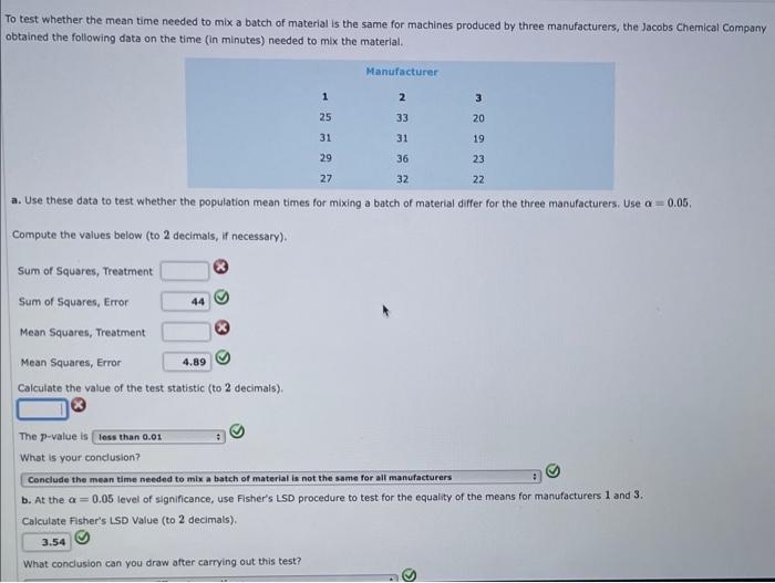 Solved To test whether the mean time needed to mix a batch | Chegg.com