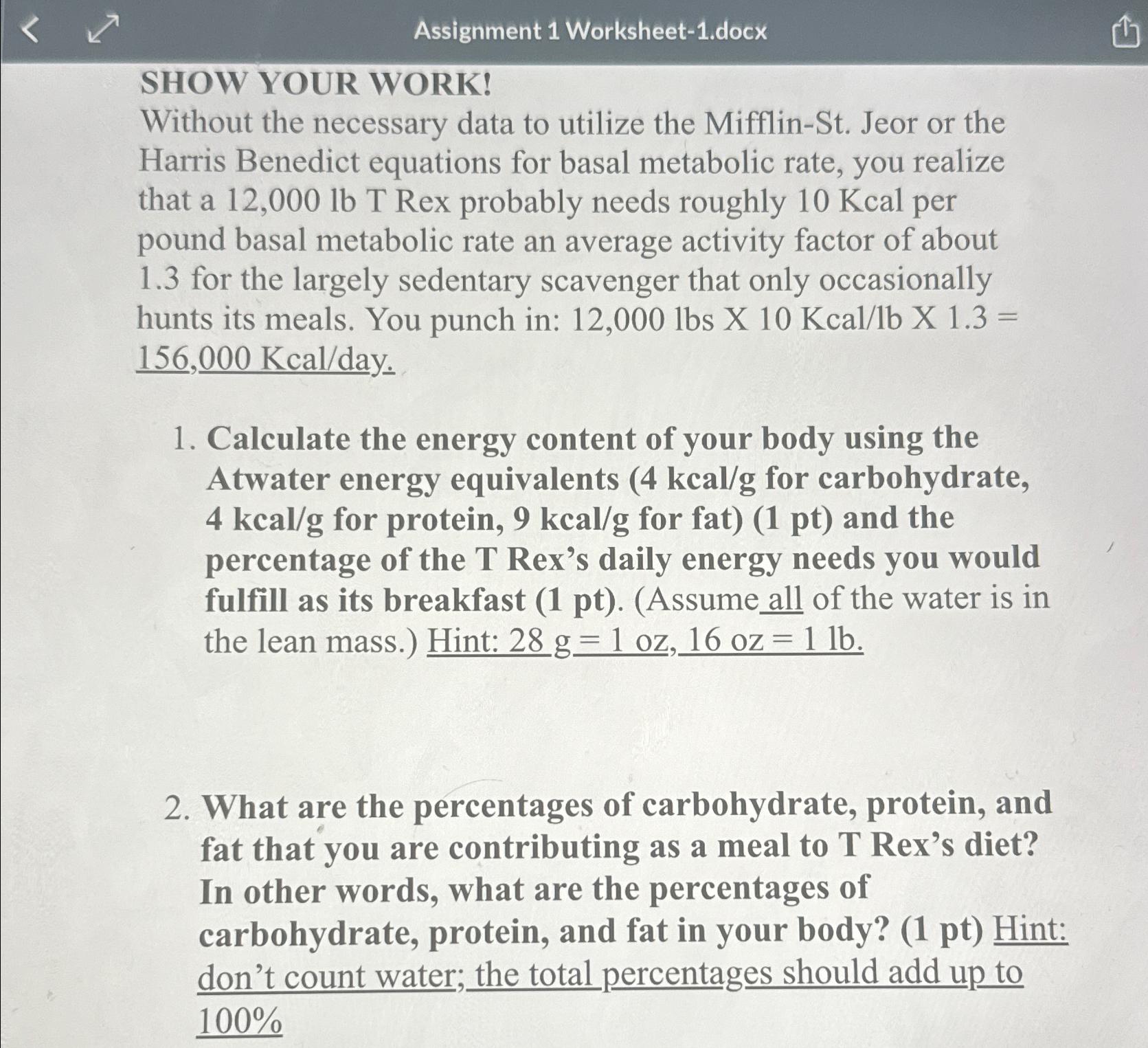 Solved Assignment 1 ﻿Worksheet-1.docxSHOW YOUR WORK!Without | Chegg.com