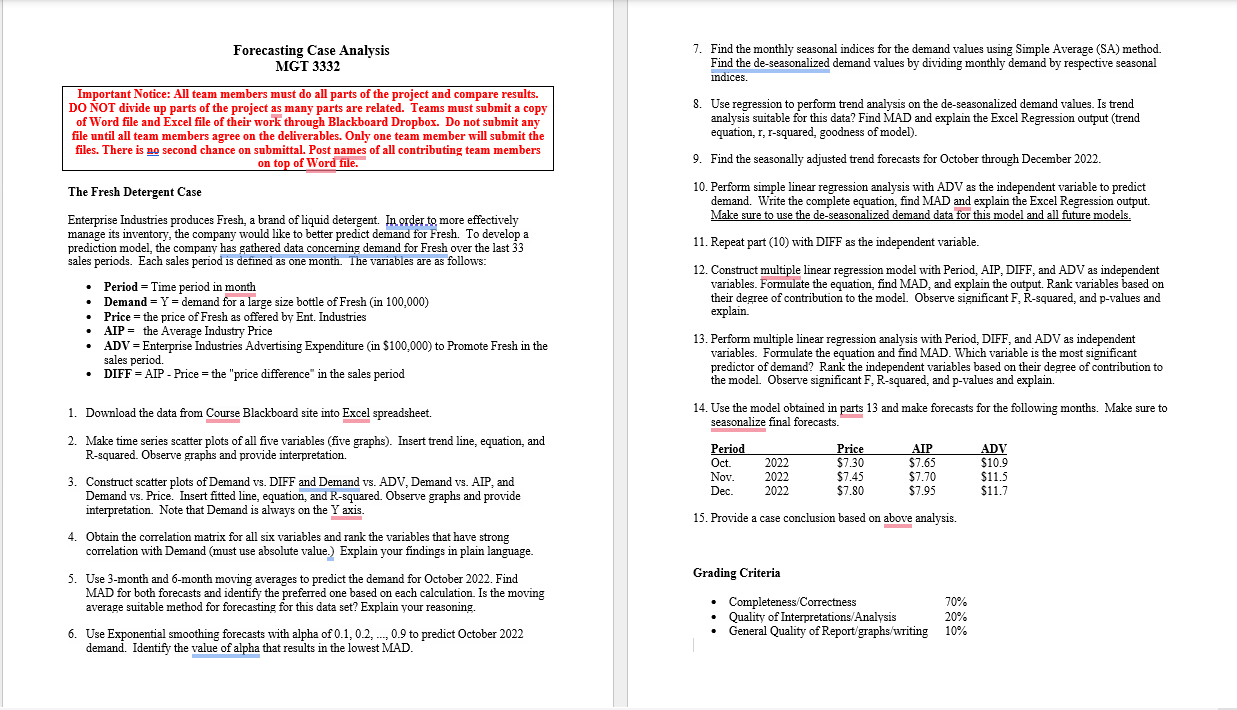 Solved Forecasting Case AnalysisMGT 3332Important Notice: | Chegg.com