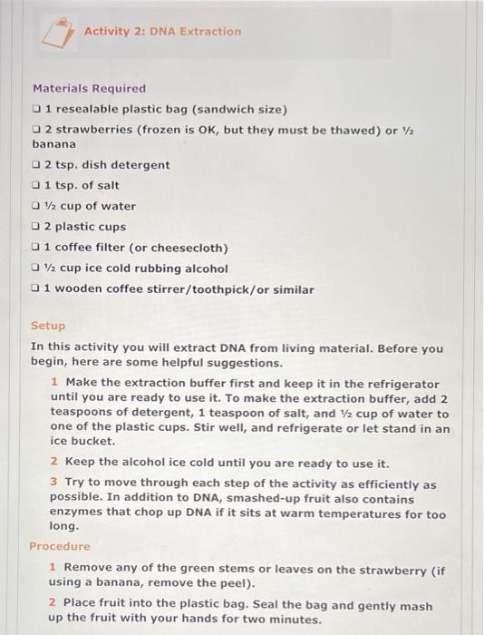 Activity 2: DNA Extraction Materials Required 1 | Chegg.com