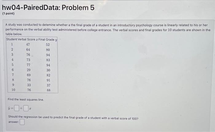 Solved hw04-PairedData: Problem 5 (1 point) A study was | Chegg.com