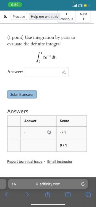 Solved (1 point) Use integration by parts to evaluate the | Chegg.com