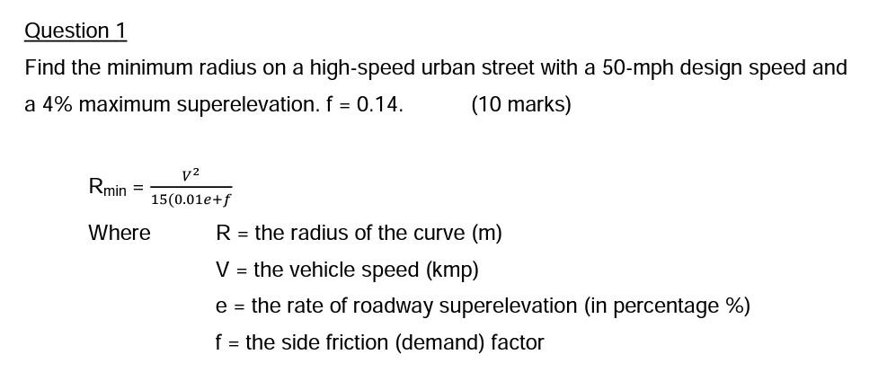 Find the minimum radius on a high-speed urban street | Chegg.com