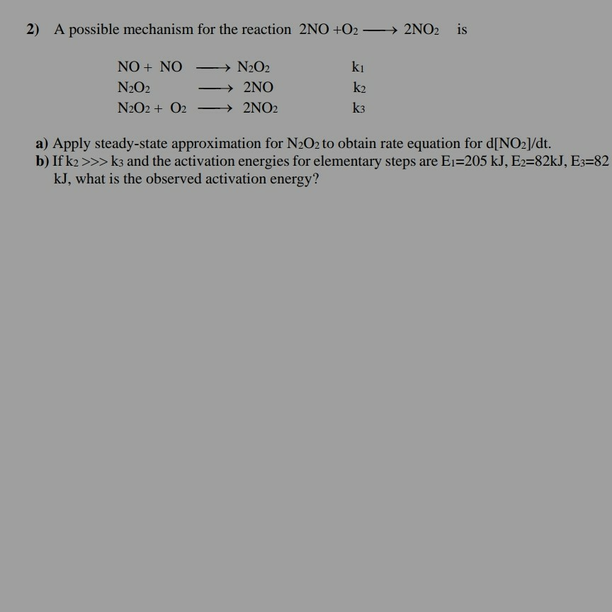 Solved 2) A possible mechanism for the reaction 2NO+O2 —2NO2 | Chegg.com