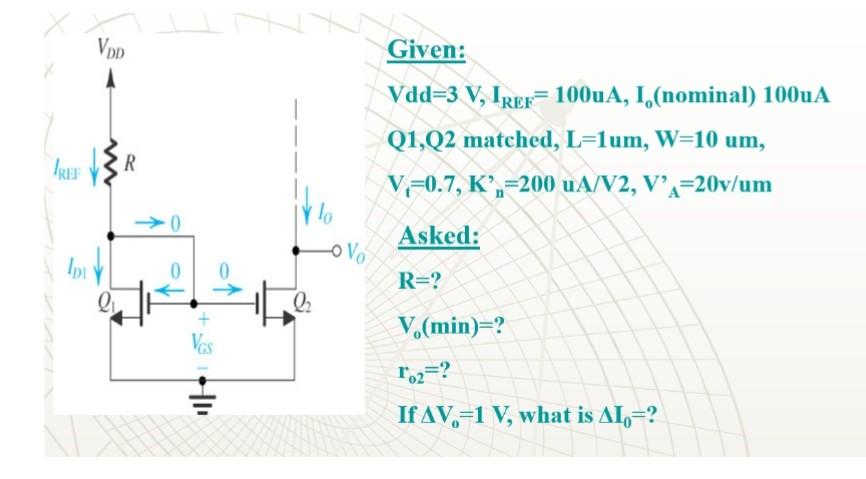 Solved Given: Vdd =3 V,IREF=100uA,Io( nominal) 100uAQ1,Q2 | Chegg.com