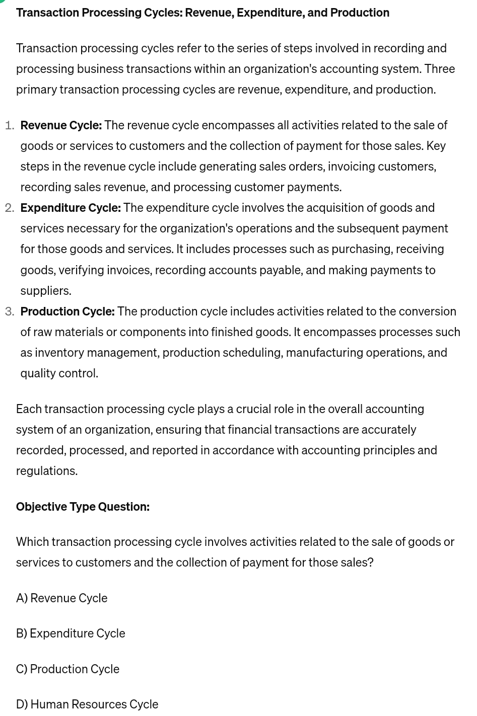 Solved Transaction Processing Cycles: Revenue, Expenditure, | Chegg.com