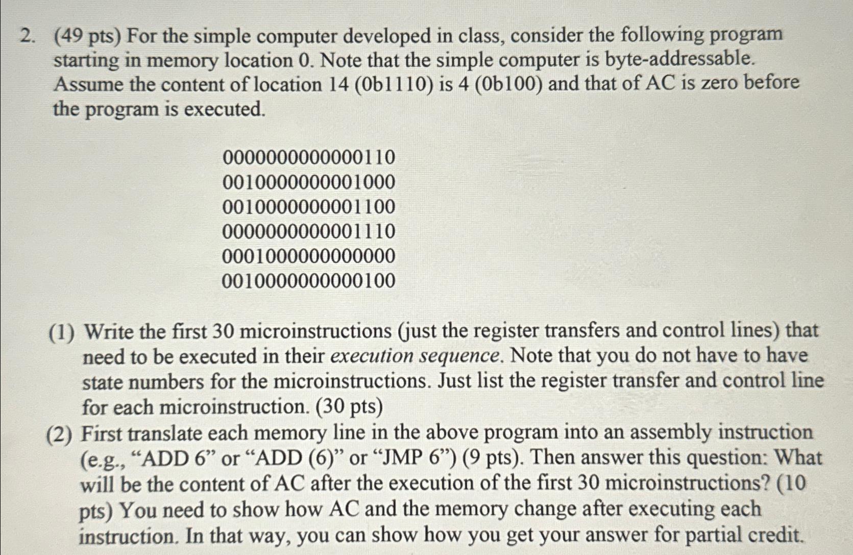 Solved (49 ﻿pts) ﻿For the simple computer developed in | Chegg.com