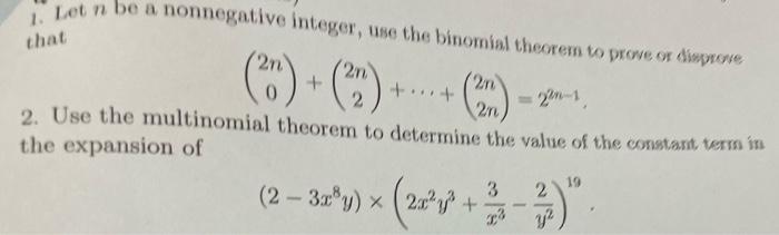 Solved 1. Let n be a nonnegative integer, use the binomial | Chegg.com