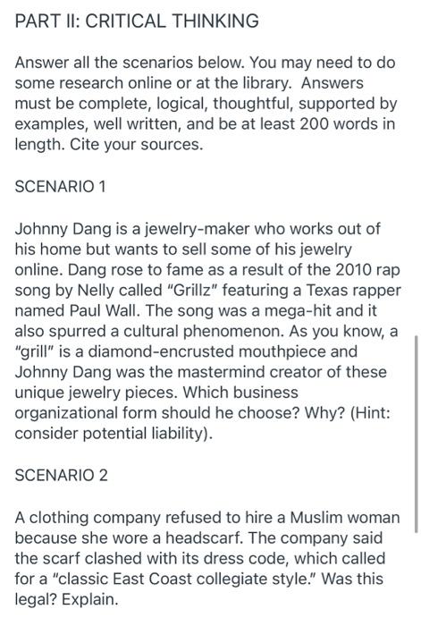 Solved PART II: CRITICAL THINKING Answer all the scenarios | Chegg.com