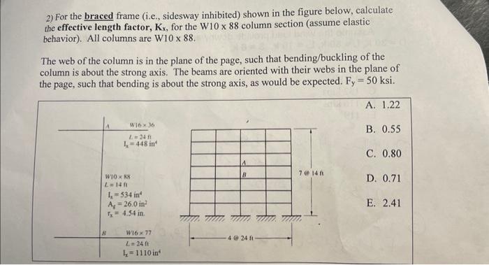 Solved 2) For the braced frame (i.e., sidesway inhibited) | Chegg.com