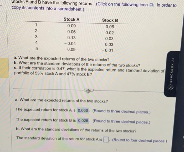 Solved Stocks A and B have the following returns: (Click on | Chegg.com