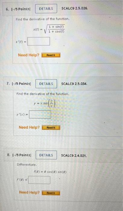 Solved 15 Points] SCALC9 2.5.026. Find the derivative of the | Chegg.com