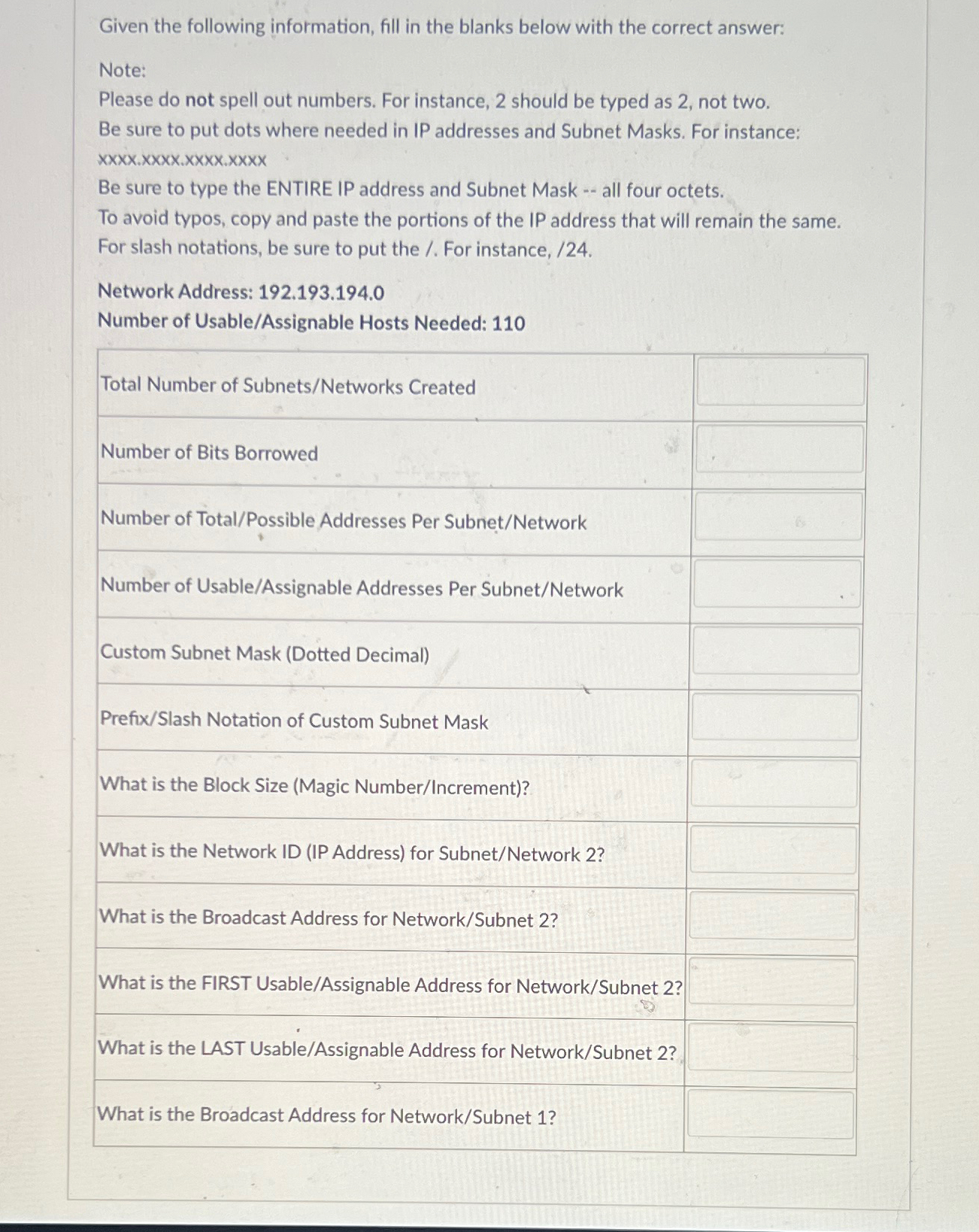 Solved Given the following information, fill in the blanks | Chegg.com