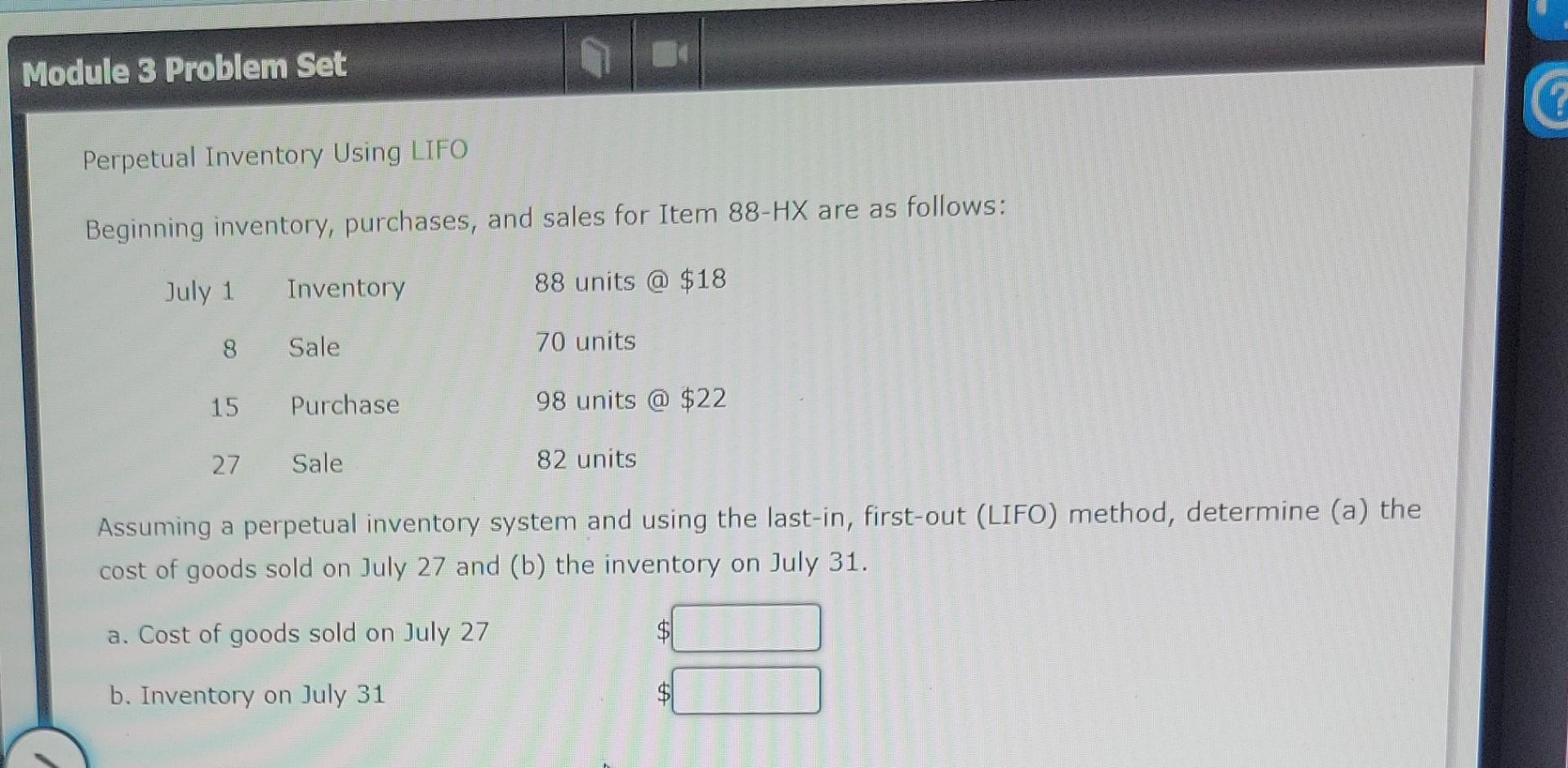 Solved Module 3 Problem Set @ Perpetual Inventory Using LIFO | Chegg.com
