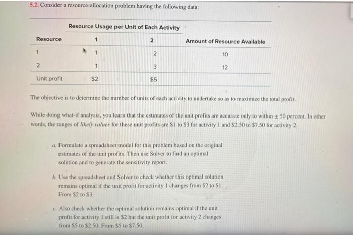 Solved 5.2. Consider a resource-allocation problem having | Chegg.com