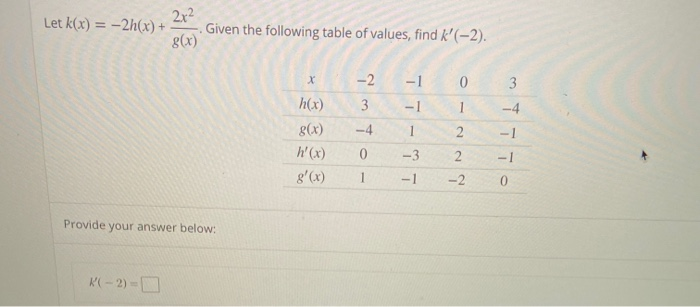 Solved 2x2 Let k(x) = -2h(x) + Given the following table of | Chegg.com