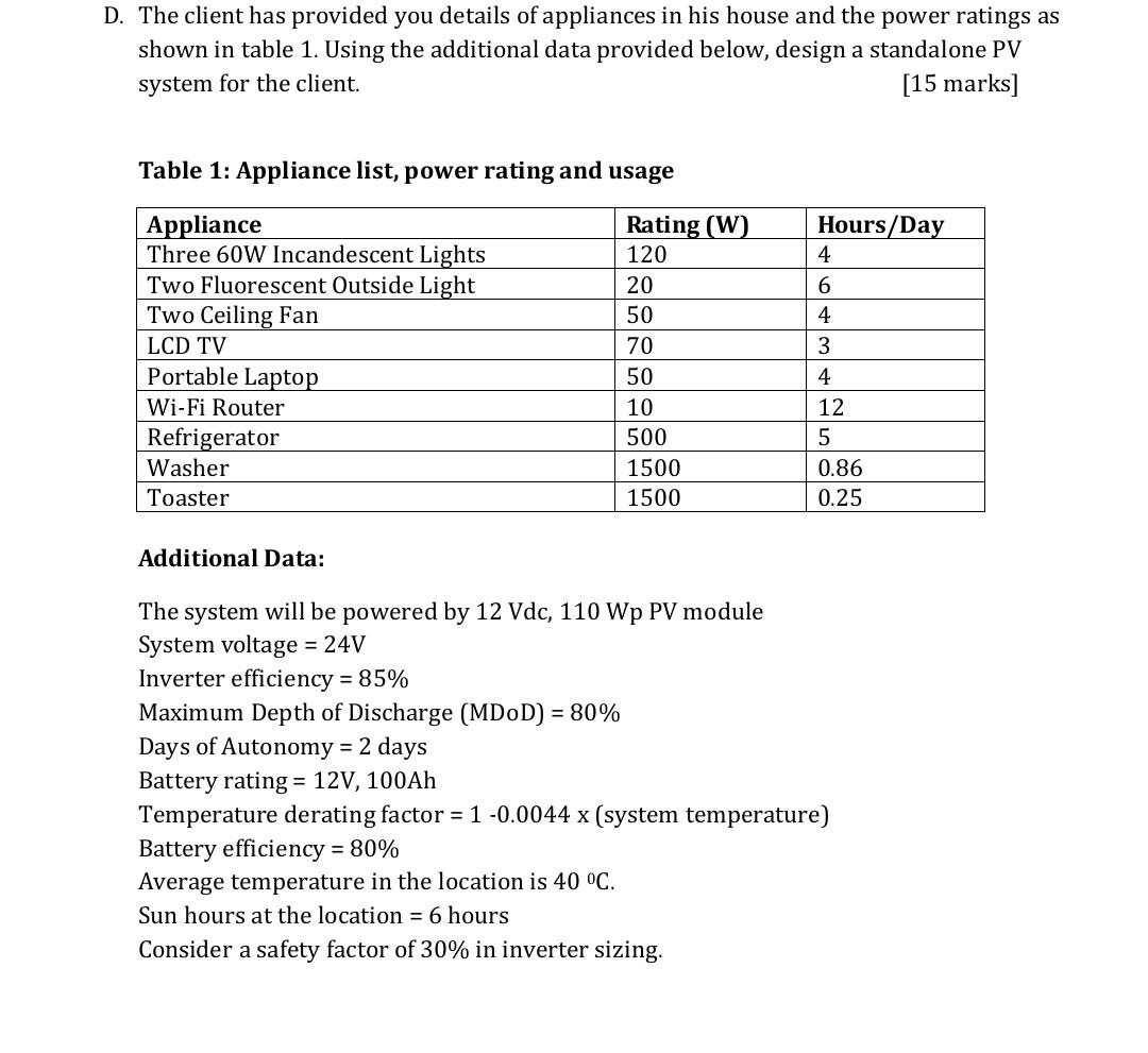 Solved The client has provided you details of appliances in | Chegg.com