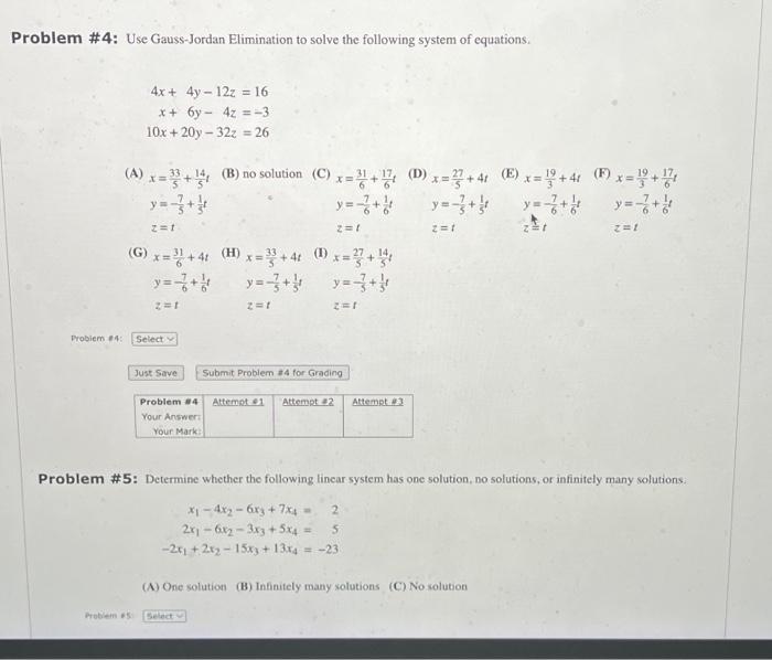 Solved Problem \#4: Use Gauss-Jordan Elimination to solve | Chegg.com