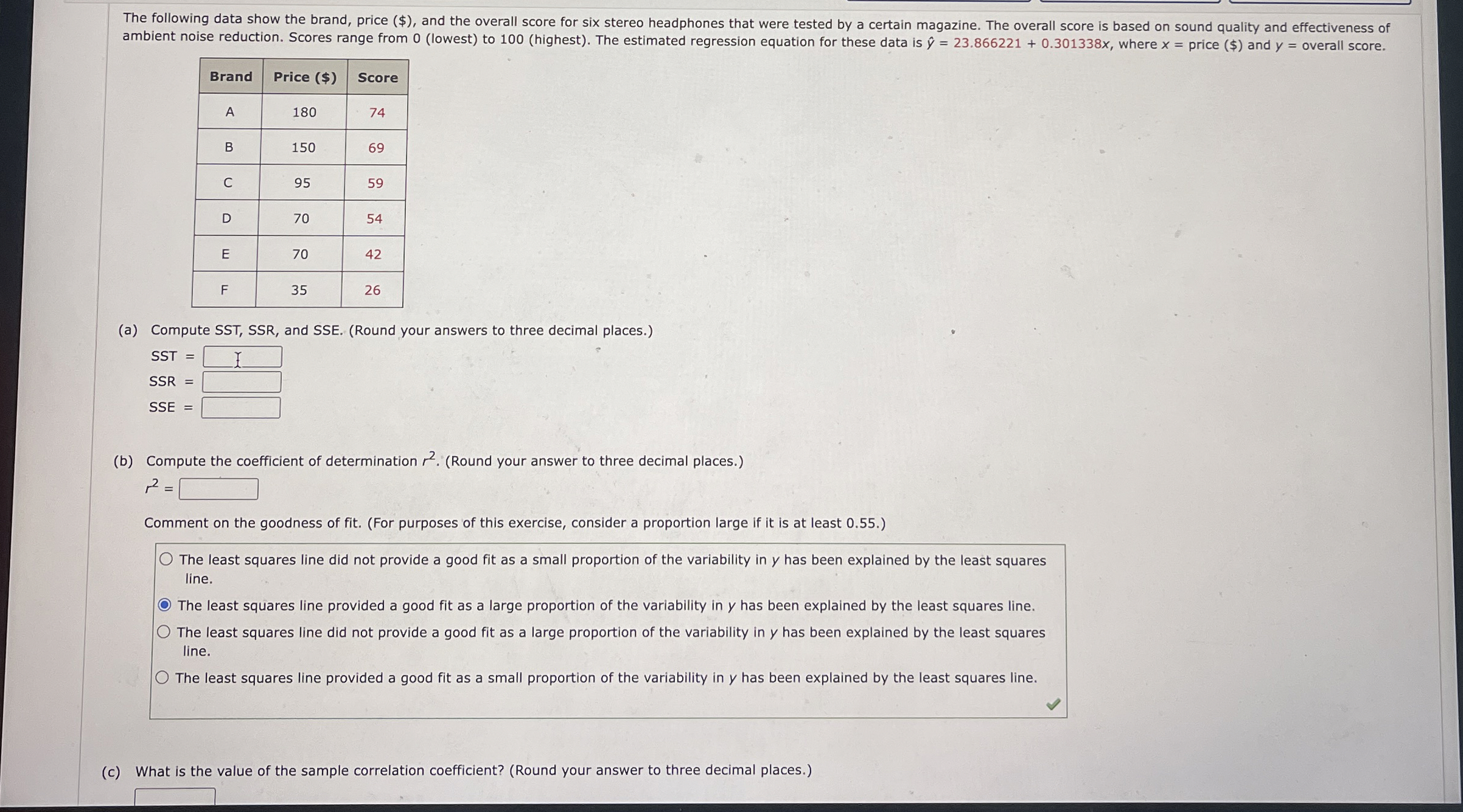Solved (a) ﻿Compute SST, ﻿SSR, ﻿and SSE. (Round your answers | Chegg.com