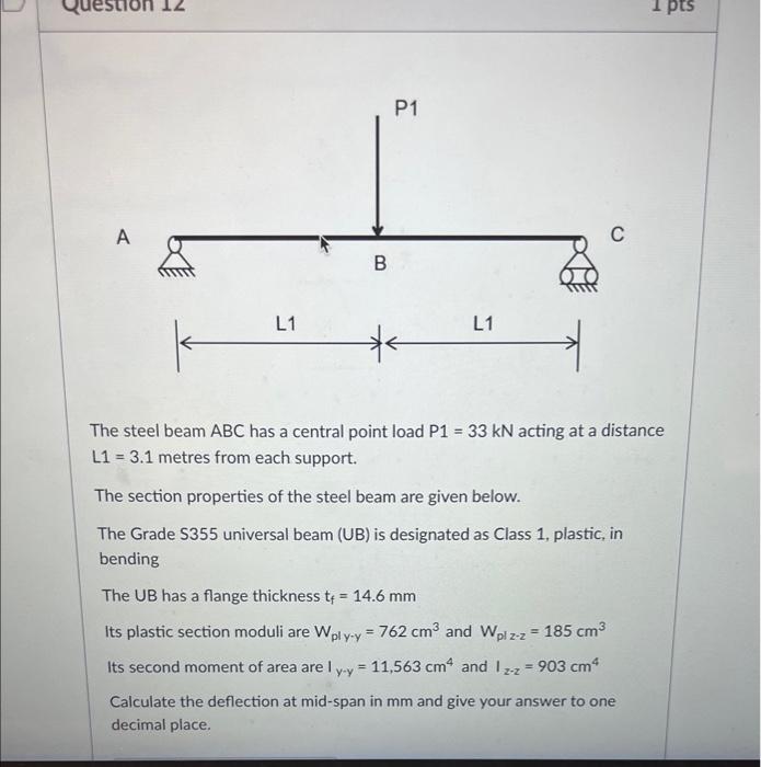Solved The steel beam ABC has a central point load P1=33kN | Chegg.com