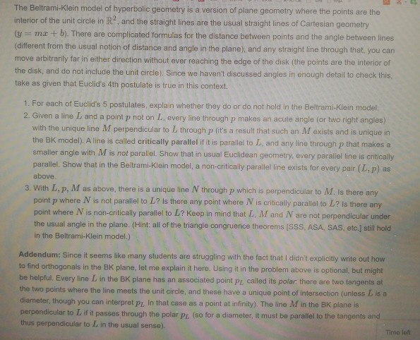 Solved The Beltrami-Klein model of hyperbolic geometry is a | Chegg.com