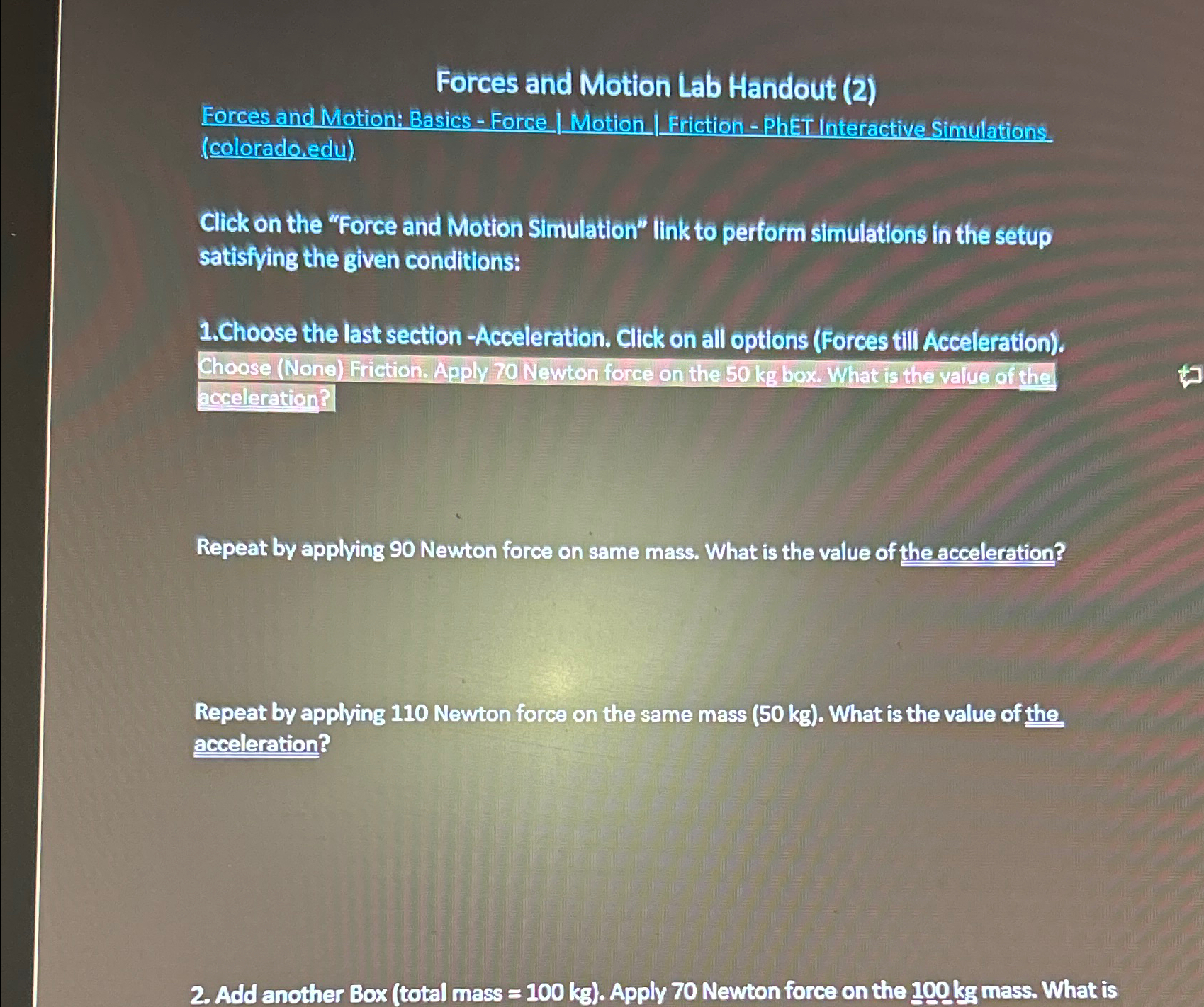 Solved Forces and Motion Lab Handout (2)Forces and Motion: | Chegg.com