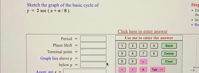 Solved Sketch the graph of the basic cycle of y=2sec(x+π/8) | Chegg.com