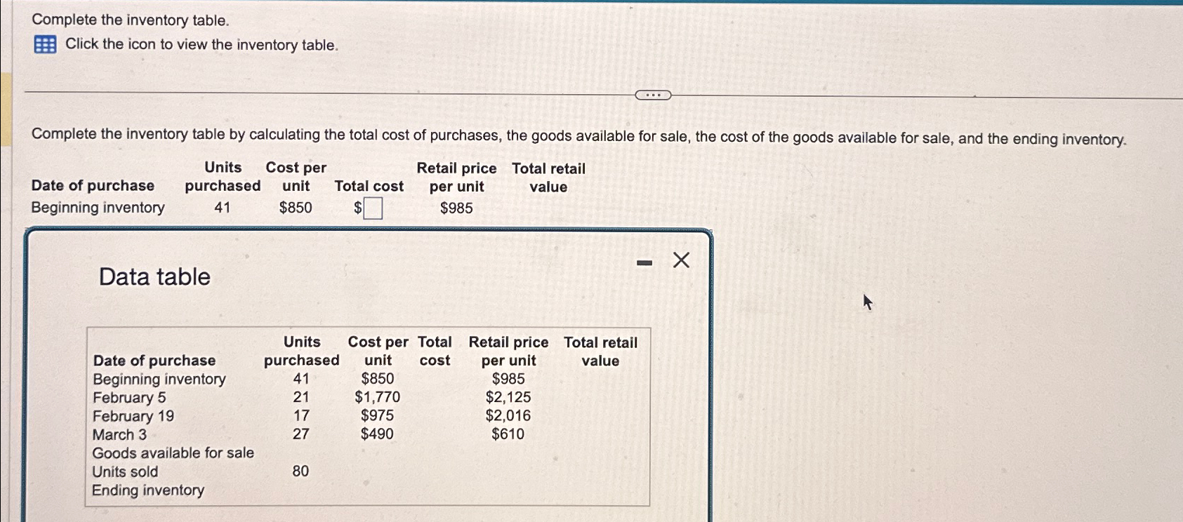 Solved Complete the inventory table.Click the icon to view | Chegg.com
