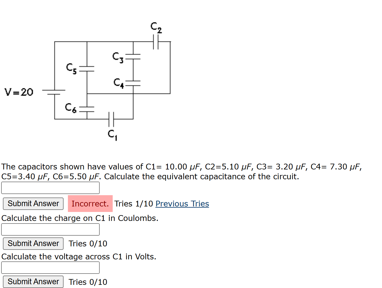 Solved Tries 110 ﻿Previous TriesCalculate the charge on C 1 | Chegg.com