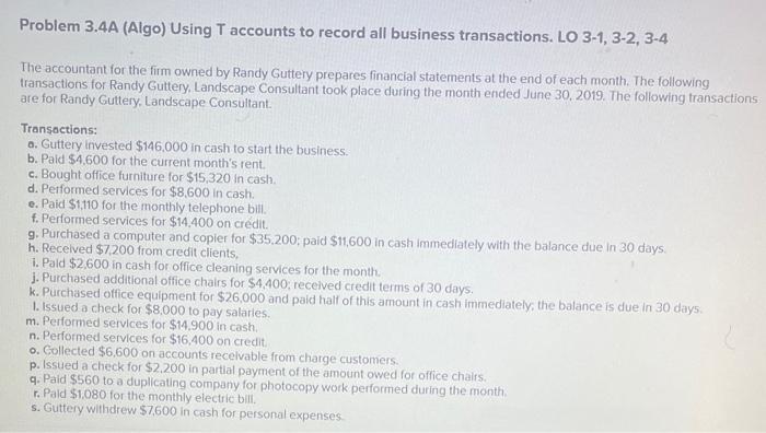 Solved Problem 3.4A (Algo) Using T accounts to record all | Chegg.com