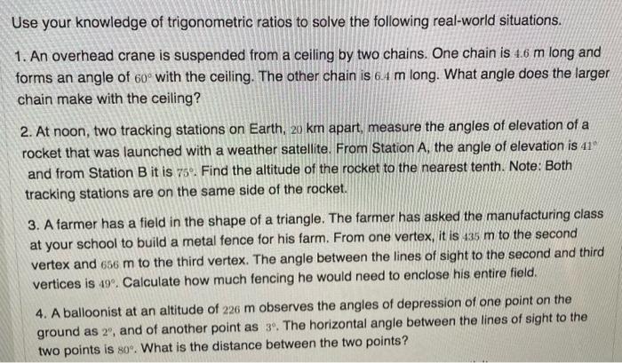 Solved Use your knowledge of trigonometric ratios to solve | Chegg.com