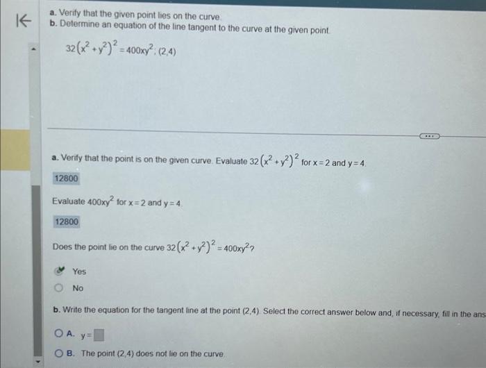 Solved K a. Verify that the given point lies on the curve. | Chegg.com
