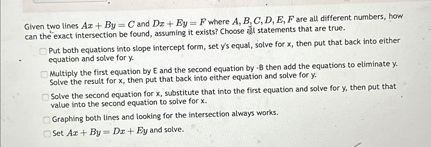 Solved Given two lines Ax+By=C ﻿and Dx+Ey=F ﻿where | Chegg.com